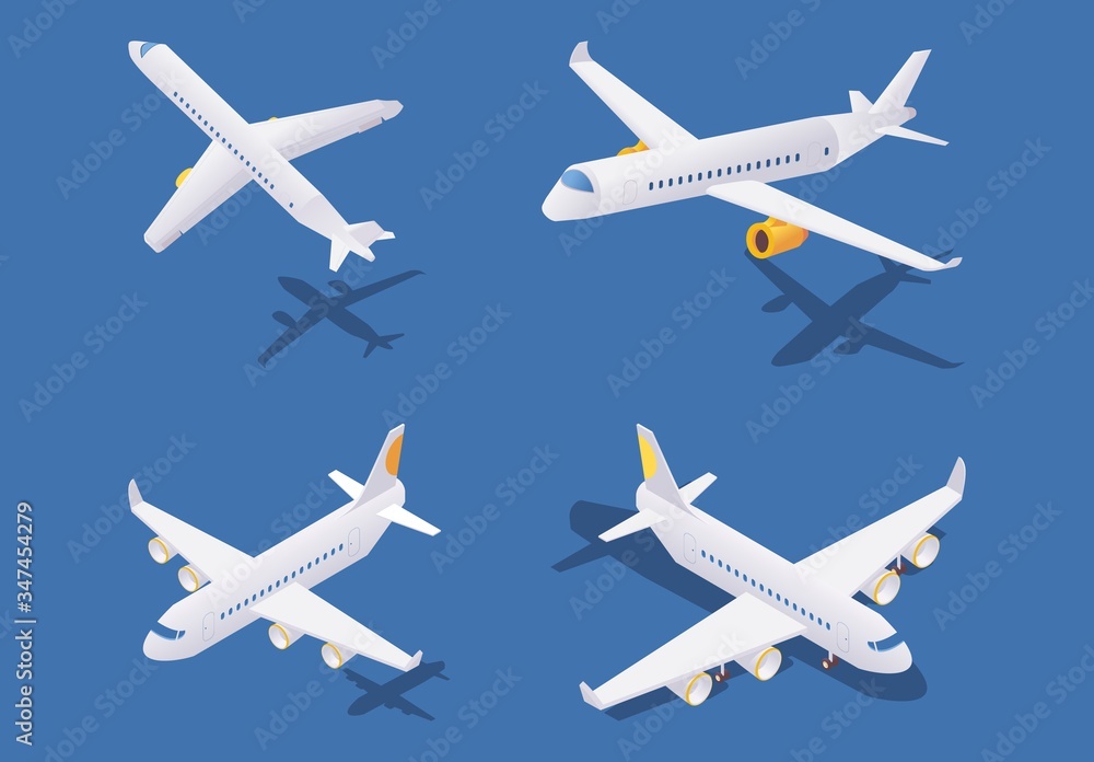 Isometric passenger airplanes during take-off, in flight and on ground ...