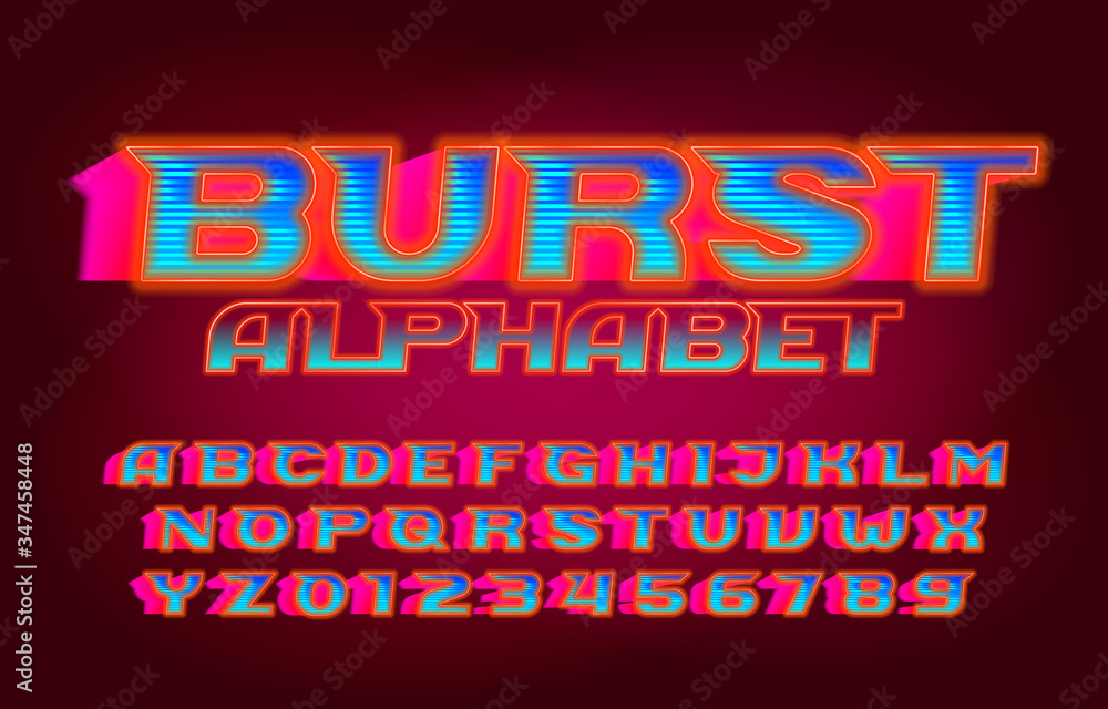 Burst alphabet font. Vivid letters, numbers and symbols. Retro ...