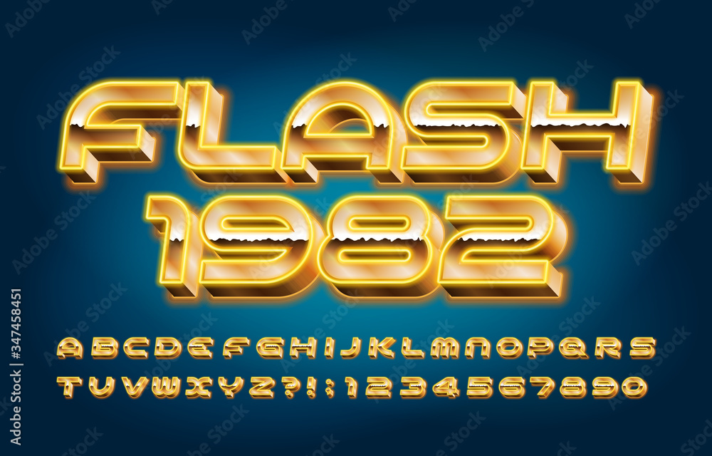 Flash 1982 alphabet font. 3D neon letters, numbers and symbols in 80s ...