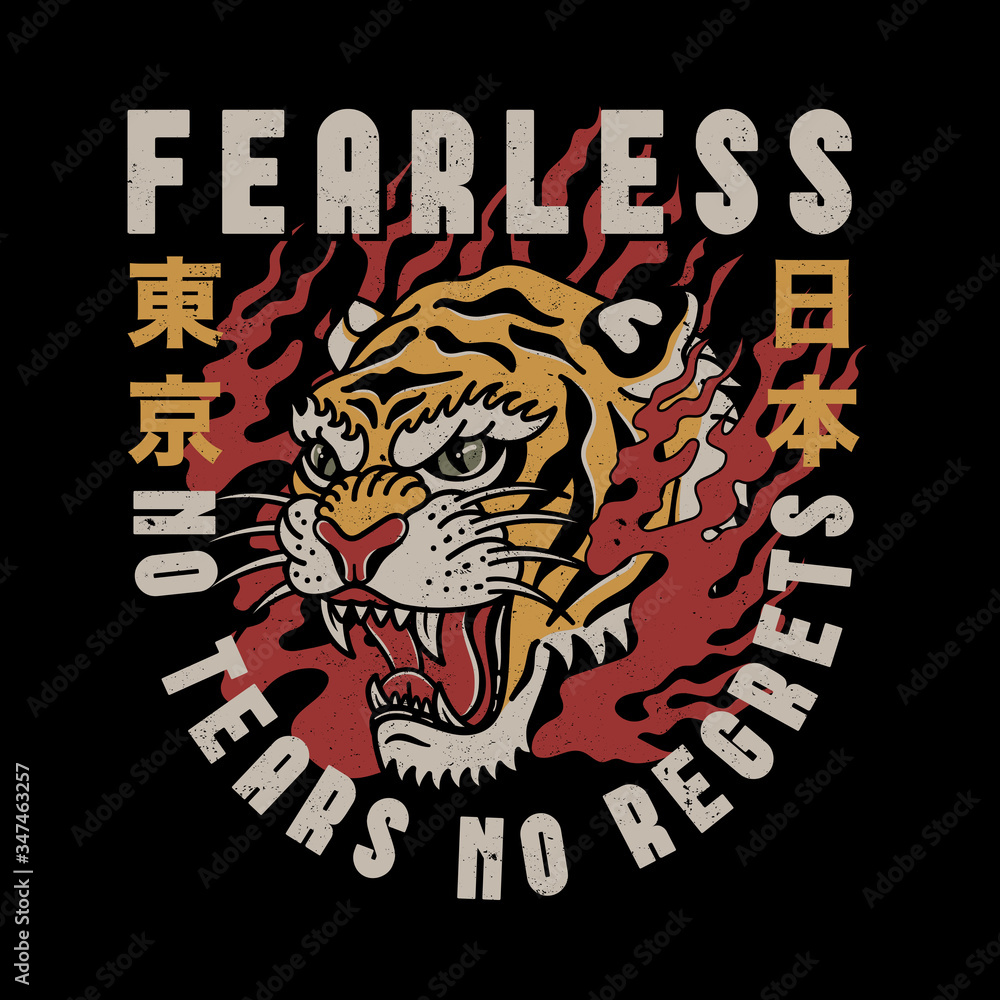 Tiger Head Illustration in Flames with Fearless Slogan and Japan and ...
