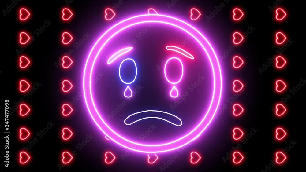 Neon emoji face, crying sign and sad face. Web character with neon ...