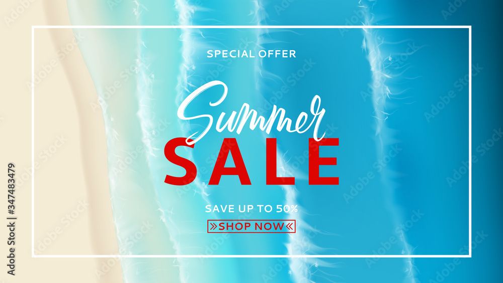 Summer sale promo banner. Top view on foamy sea waves. Realistic aerial ...