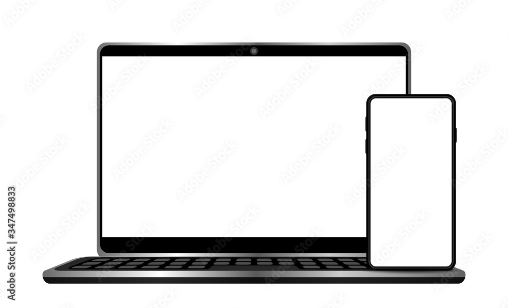 modern notebook screen and smartphone isolated on white, mock-up ...