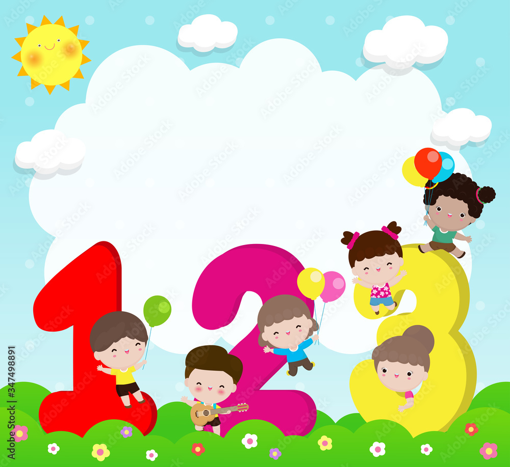 Cartoon kids with 123 numbers, children with Numbers, background Vector ...