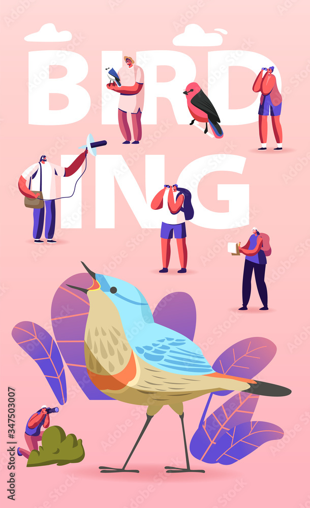 Birding Concept. Group of Friends Characters Camping and Hiking Using ...