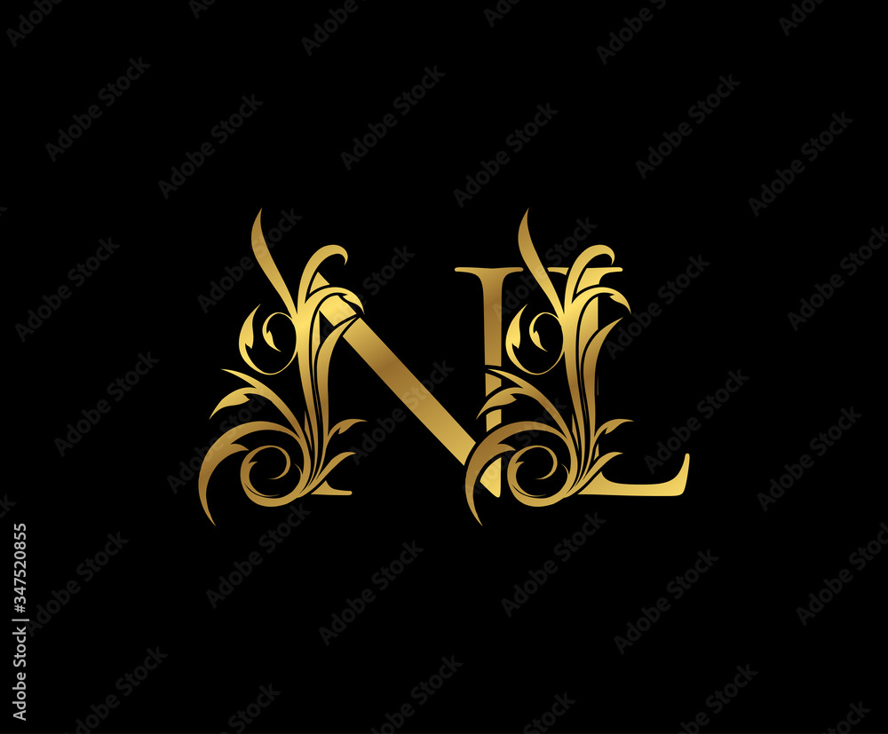 Luxury Gold N, L and NL Letter Classy Floral Logo Icon. Vintage drawn ...