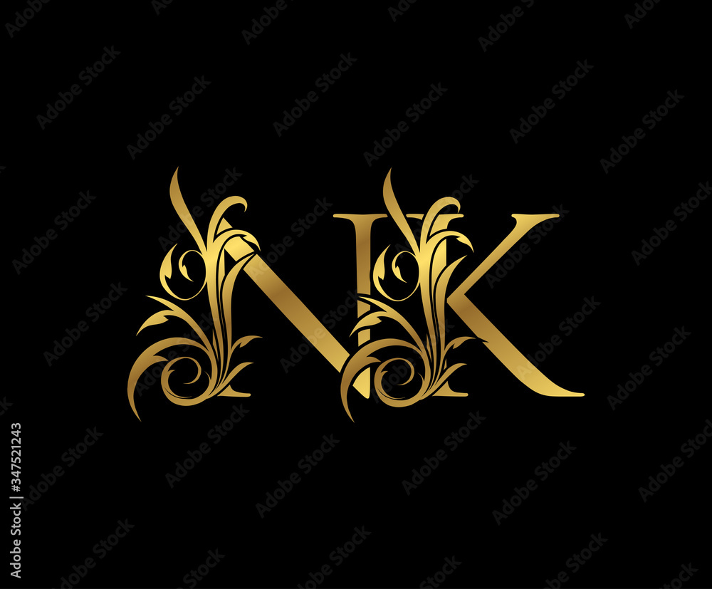 Luxury Gold N, K and NK Letter Classy Floral Logo Icon. Vintage drawn ...