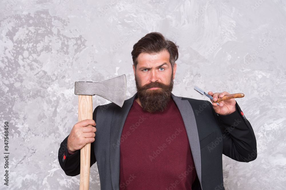 Proper tools. Brutal methods. old weapon. Barbershop hairstyle. Brutal ...