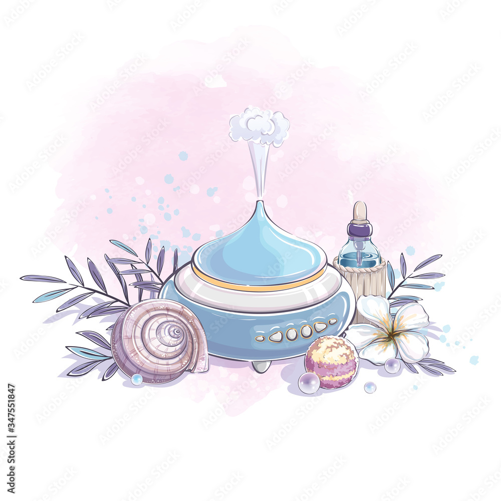 Composition of a humidifier, a bubble with essential oil, a plumeria ...