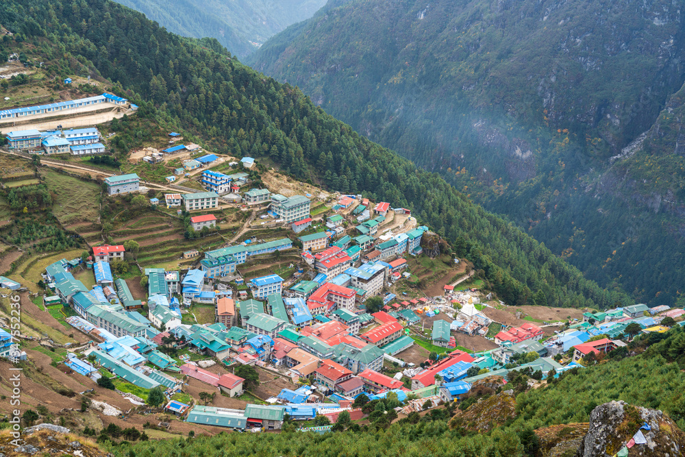 An Amphitheatre view of Namche Bazaar on a mountain slope in Nepal ...