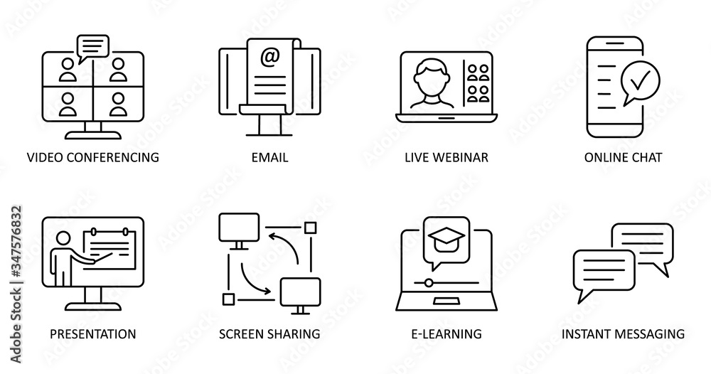 Vector online communication icons. Editable Stroke. Video conference ...