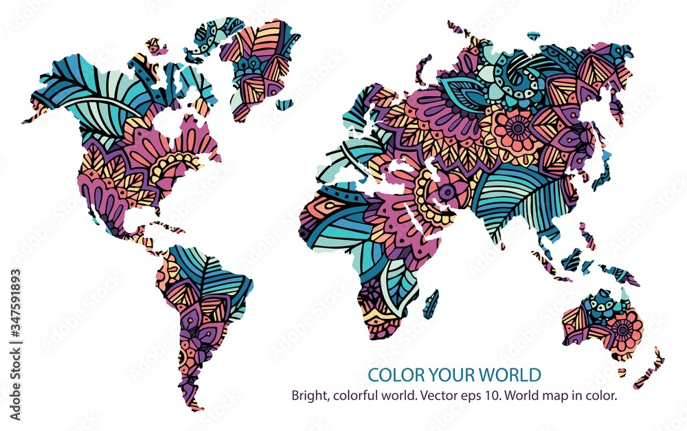 World map of colorful flowers. The outline of the world on a white ...