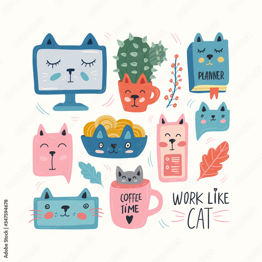 Cat. Animal character. Work at home, coworking space, concept vector ...