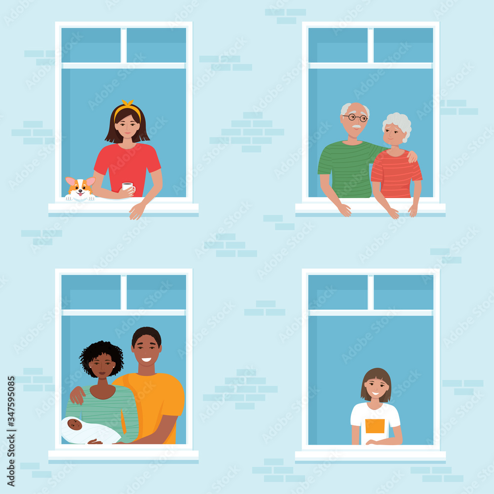 House facade with windows. People look from windows. Social isolation ...