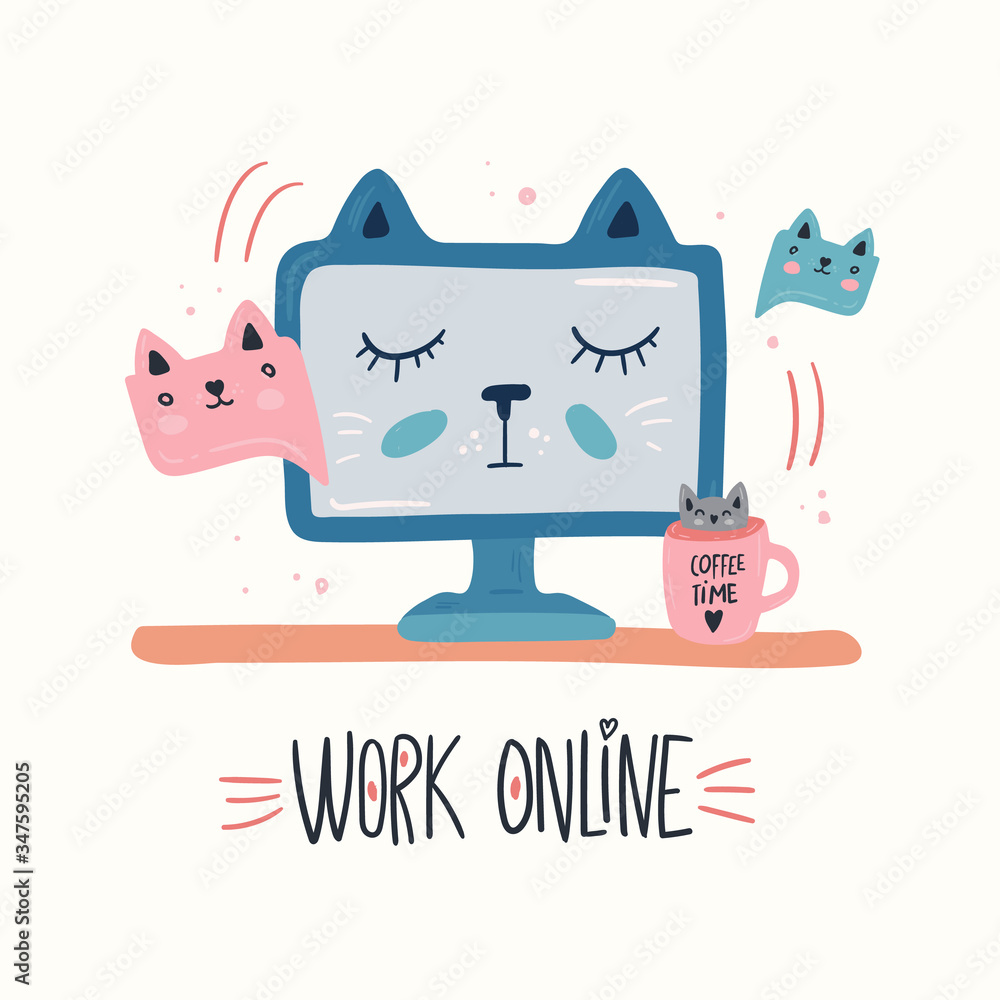 Cat. Animal character. Work at home, coworking space, concept vector ...