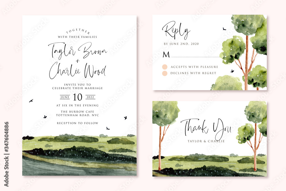 wedding invitation set with green landscape watercolor เวกเตอร์สต็อก ...