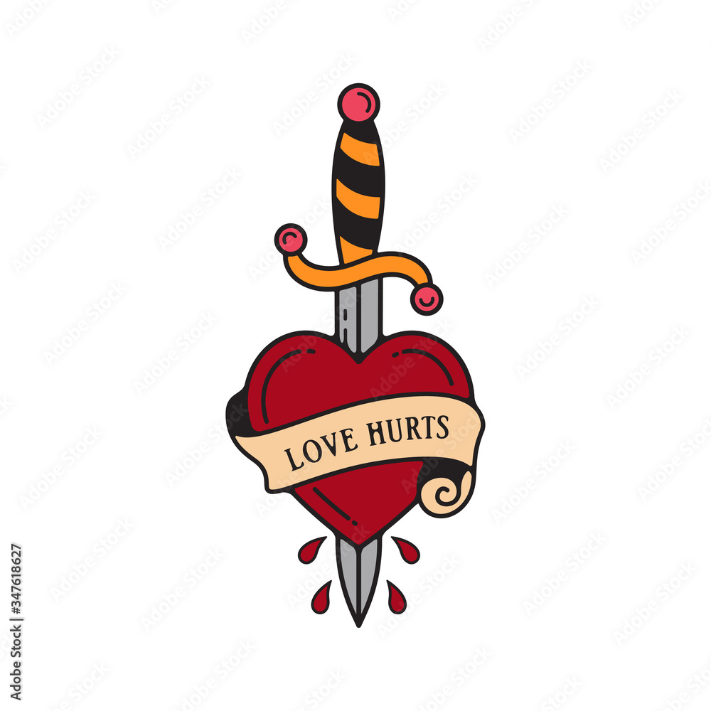 Dagger and heart tattoo with wording love hurts. Traditional tattoo ...