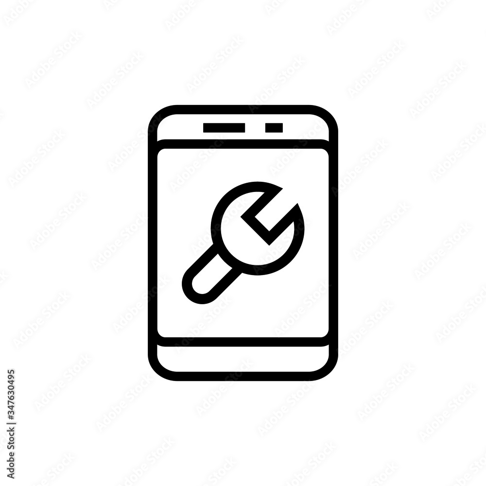 Phone repair service icon in outline style on white background, linear ...
