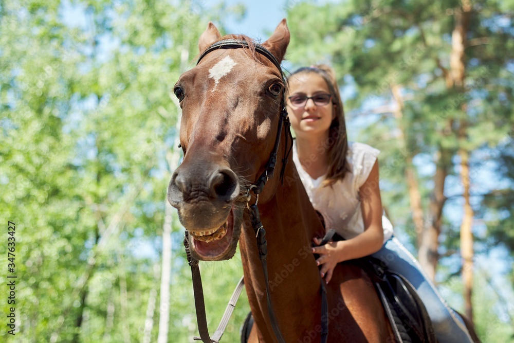 Girl child riding horse, summer horse ride in the forest, girl lovingly ...