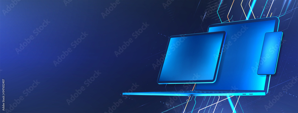 Digital tech concept. Blue gadgets (laptop, tablet and mobile phone ...