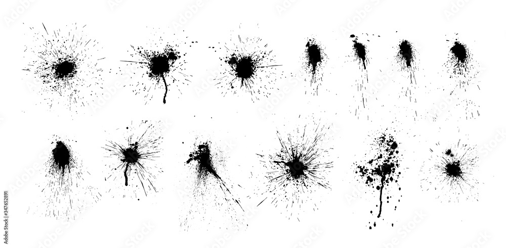 Paint ink splatter, stains set. Splash of paints with drops. High level ...