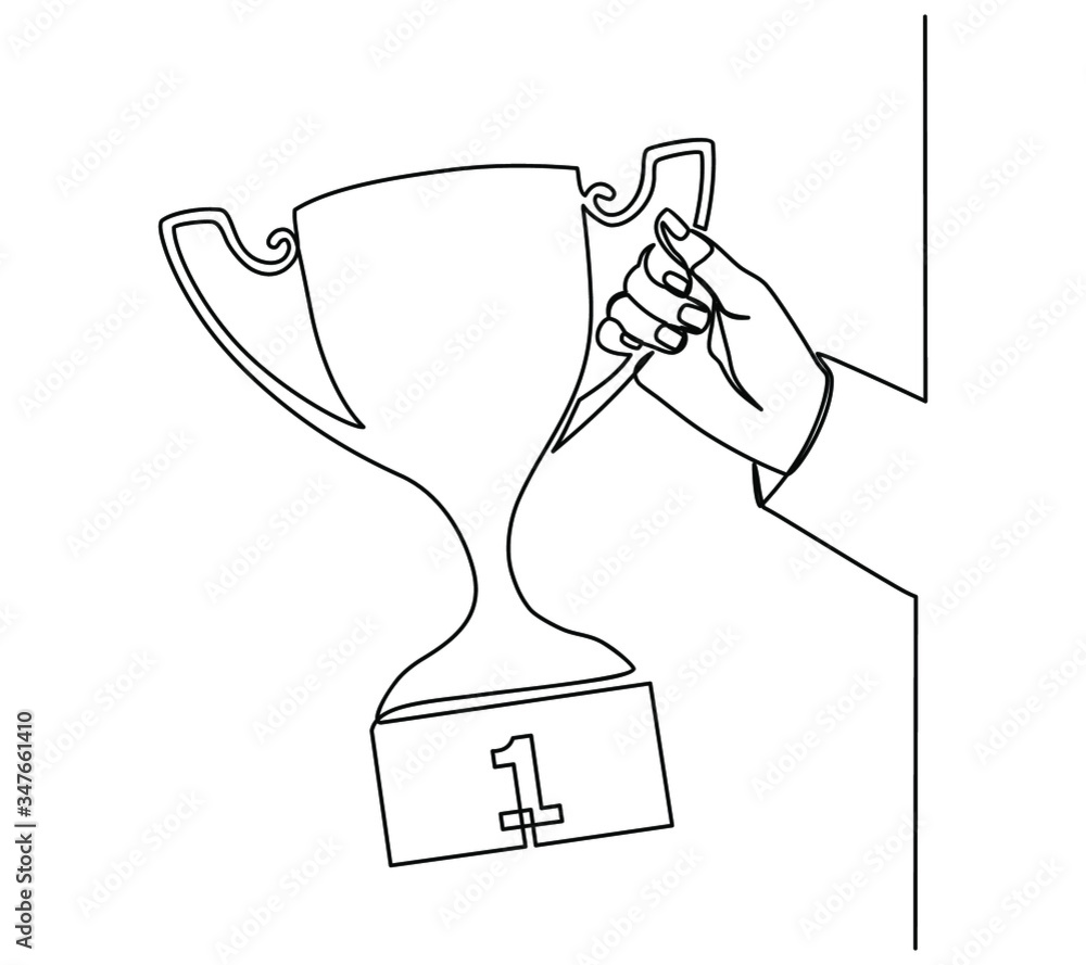 Continuous line drawing of hands holding the winner trophy. Champions ...
