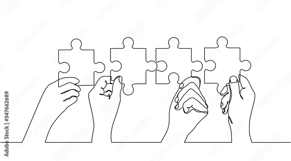 Continuous line drawing of hands solving Two Puzzle Pieces. Concept of ...