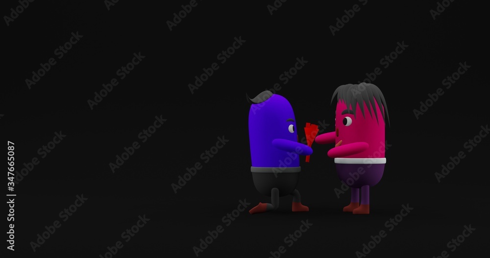 Cute Character Men Giving Rose to Women. 3D Illustration for Propose to ...