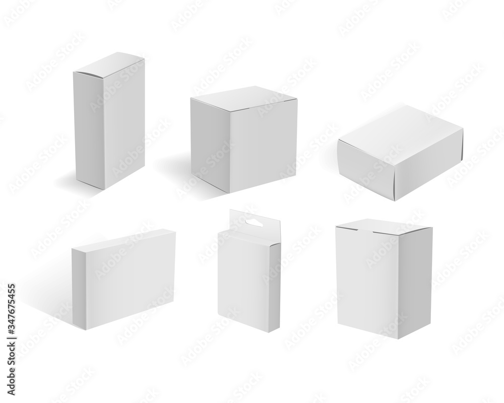 White cardboard boxes. Blank white packaging container mockups vector ...