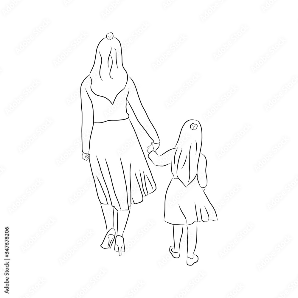 line drawing of mother is standing and holding hands with children ...