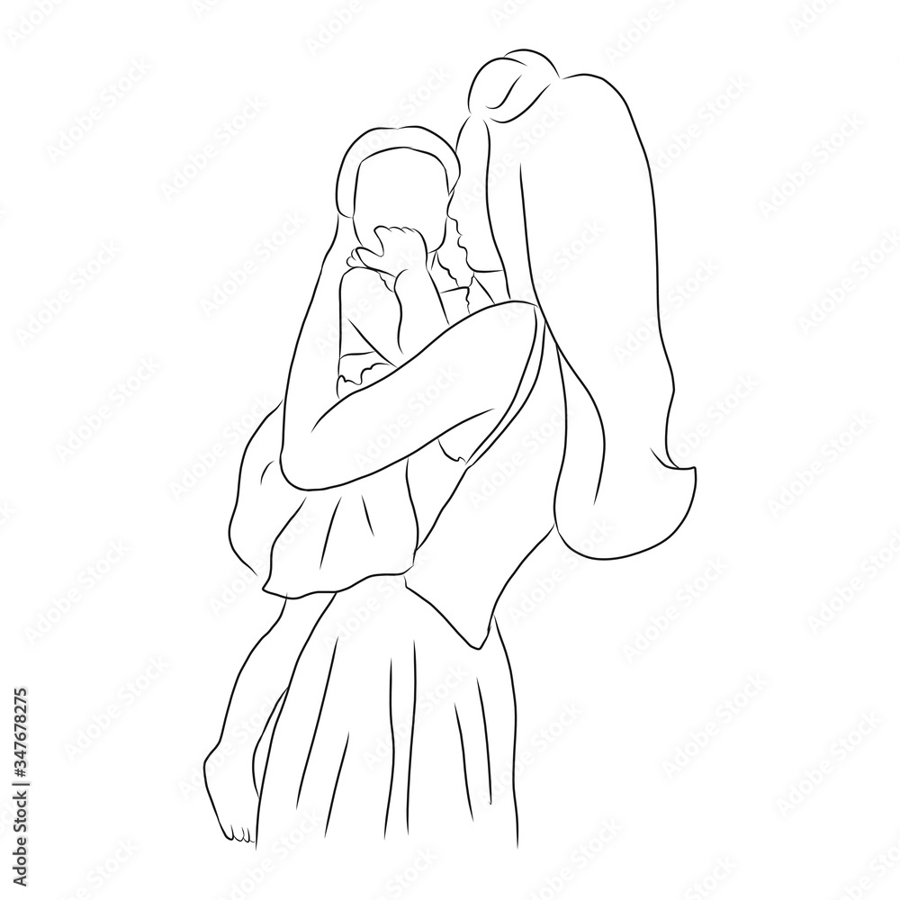 line drawing of the mother stood and hugged her child. Stock Vector ...