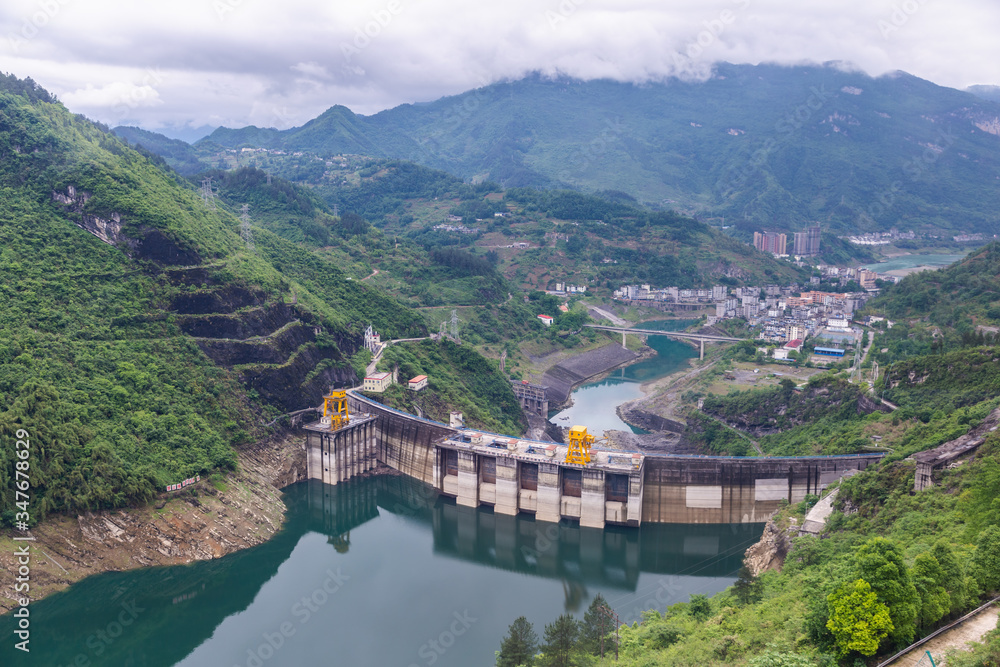 Dam wall and surrounding landscape at Wulong Dam in Chongqing, China ...