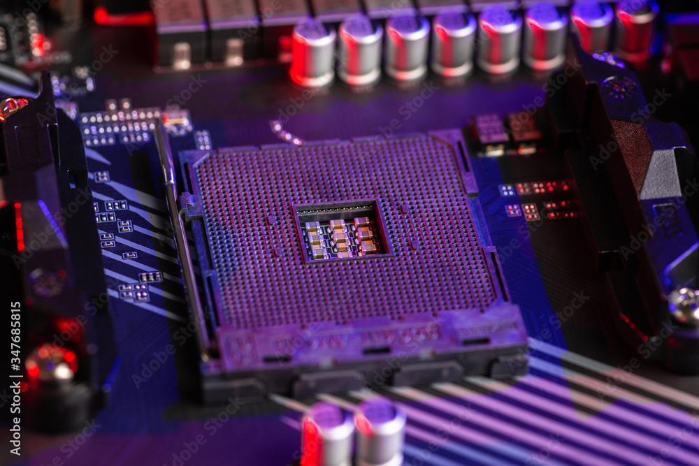 Socket am4. Close up of the AM4 socket for the motherboard with neon ...