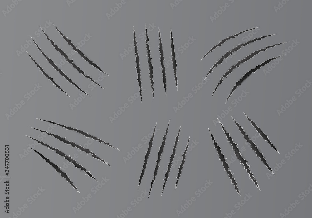 Scary laceration paper surface. Set of wild animal claws scratches ...