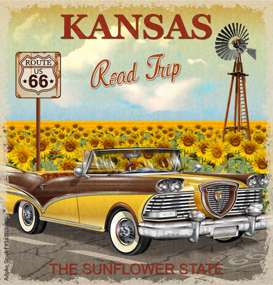 Vintage Kansas road trip poster. Stock Vector | Adobe Stock