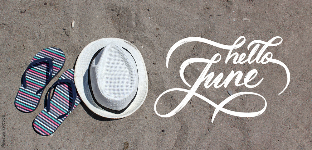 Hello June hand lettering card. Hand drawn script and sand on the beach ...