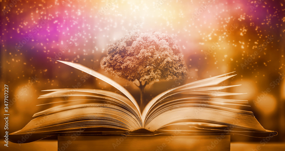 Imagine a picture book of an ancient book opened on a wooden table with a sparkling golden ...