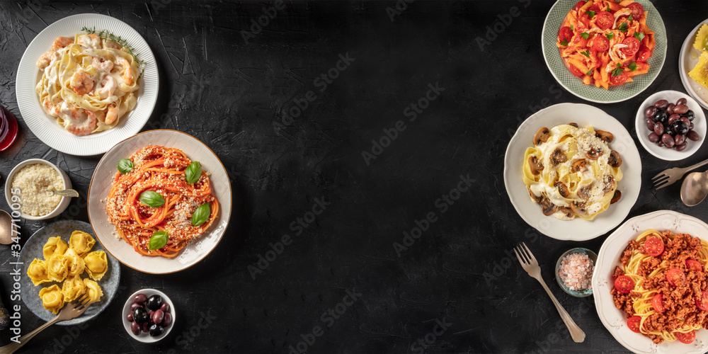 Pasta Design Panorama. Assortment of Italian pasta dishes, including ...