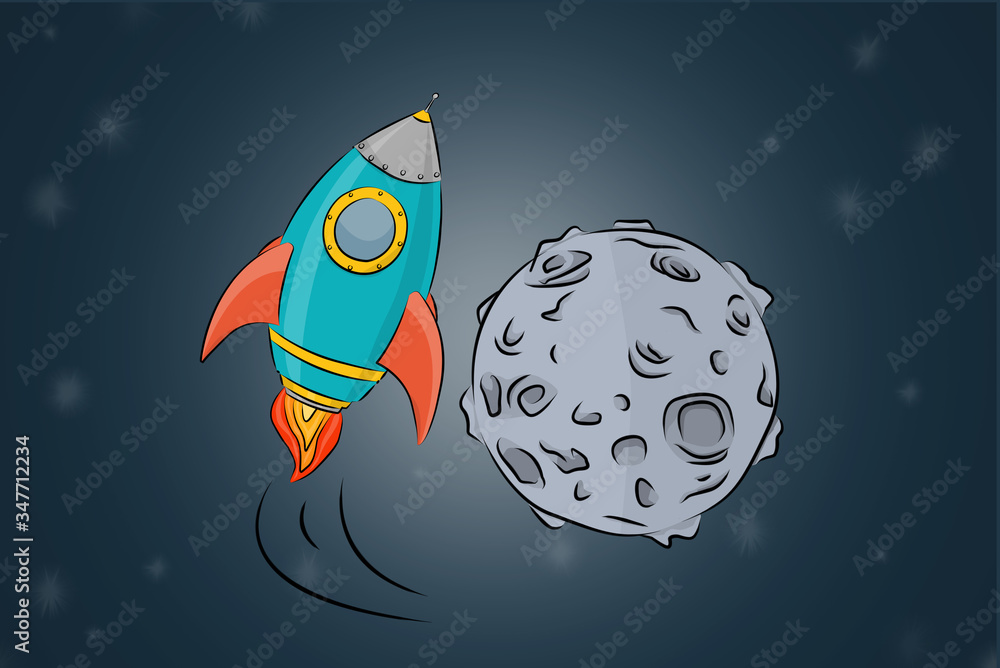 classic space rocket in space moon vintage 50s cartoon comic Stock ...
