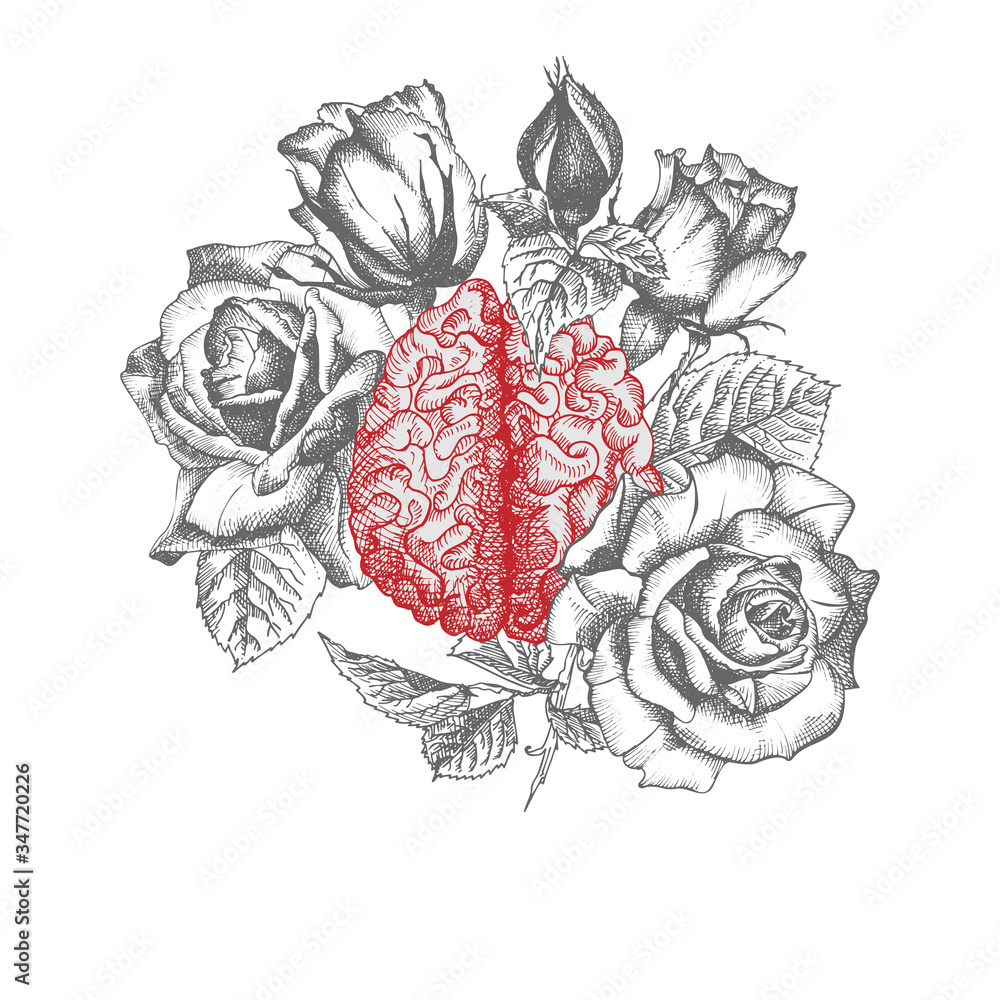 Brain with bouquet roses Realistic hand-drawn icon of human internal ...