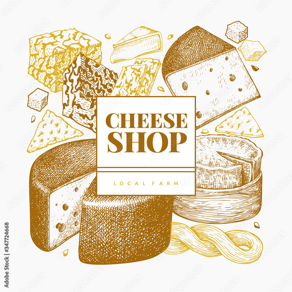 Cheese design template. Hand drawn vector dairy illustration. Engraved ...