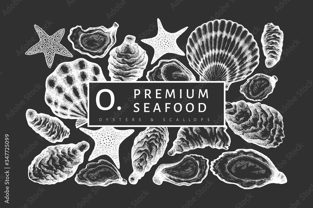 Oysters design template. Hand drawn vector illustration on chalk board ...