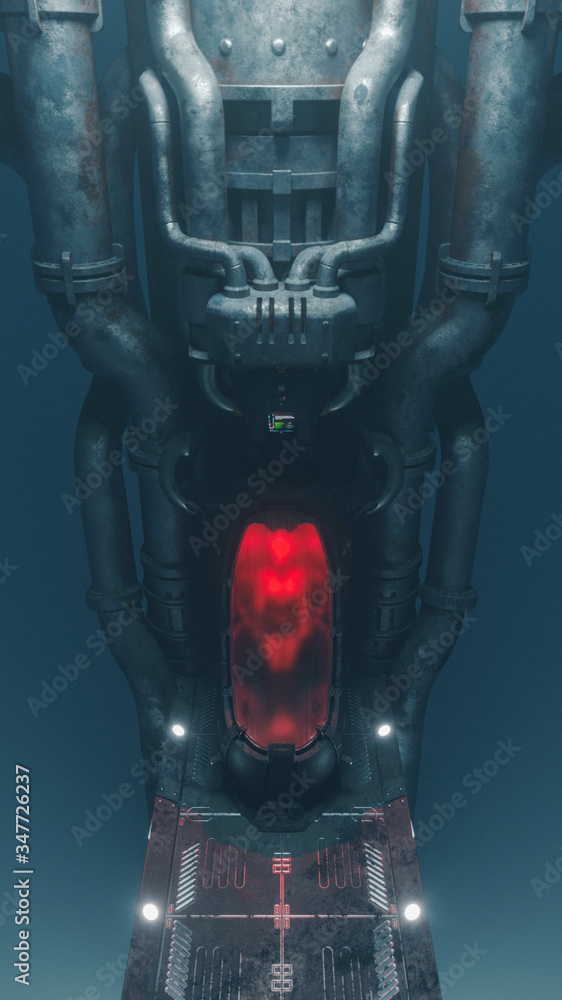 Cryogenic hibernation capsule with human body inside illuminated with ...