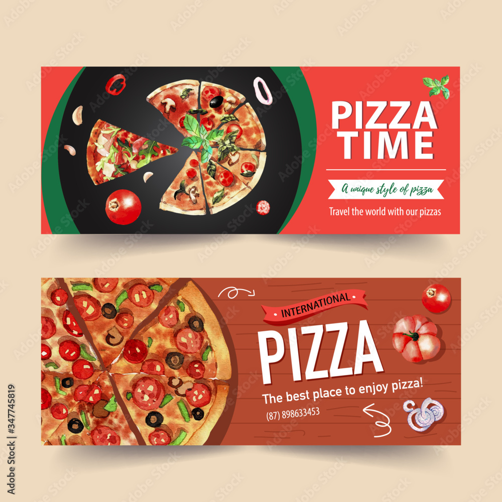 Pizza banner design with pizza, tomato, pumpkin watercolor illustration ...