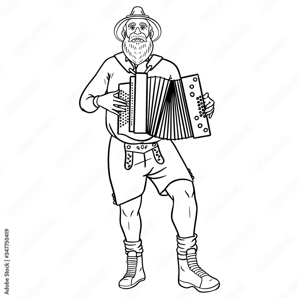 monochrome comic outline drawing of a bavarian man with lederhosen ...