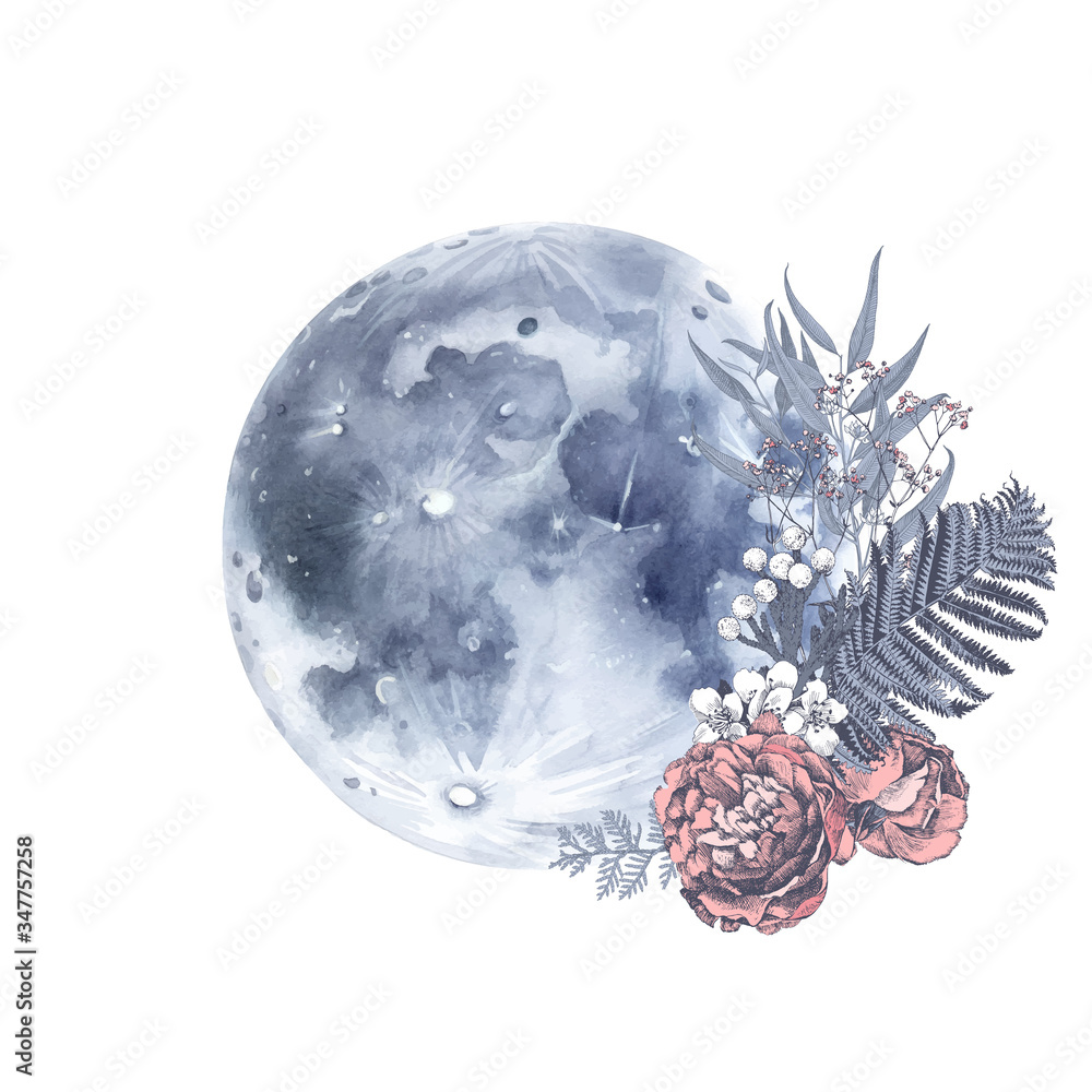 Hand drawn card with full moon and flowers Stock Vector | Adobe Stock