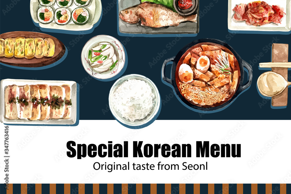 Korean food frame design with ddukbokki, spicy chicken watercolor ...