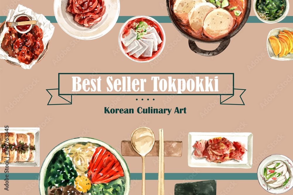 Korean food frame design with spicy chicken, kimchi, ddukbokki ...