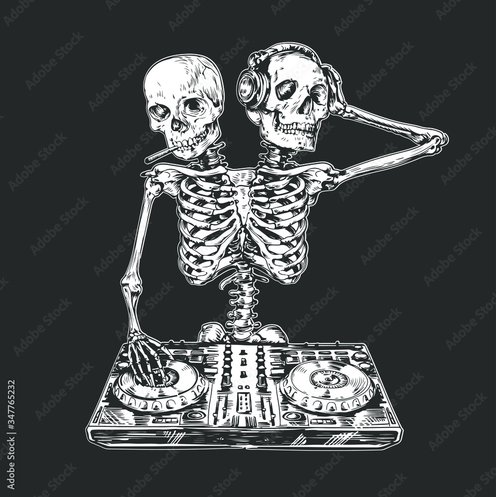 DJ skeleton man with two skulls playing dance rhythm sketch vector ...