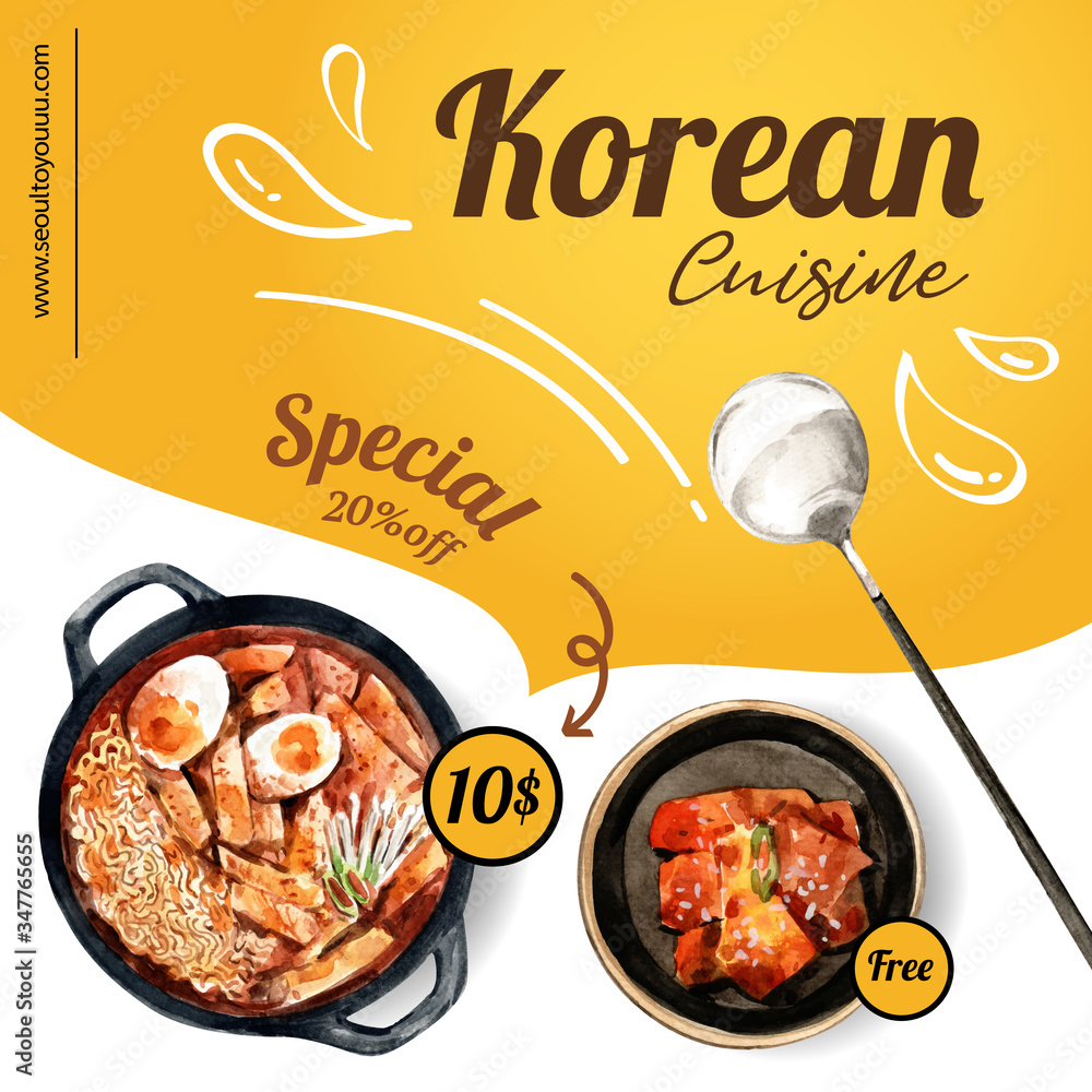Korean food social media design with ramyeon, kimchi watercolor ...